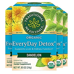 Traditional Medicinals Organic EveryDay Detox Dandelion Herbal Tea, Supports Liver & Kidney Function, (Pack of 4) - 64 Tea Bags Total