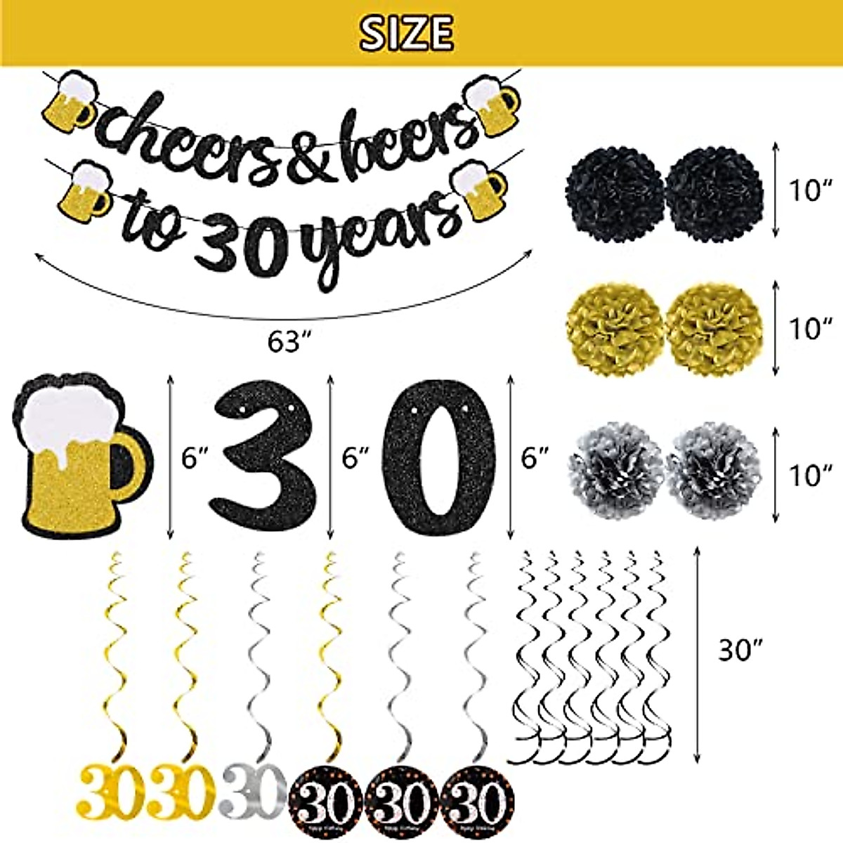 30th Birthday Decorations Kit for Men Women, Cheers to 30 Years Banner with Pom Poms Flowers, 30th Sparkling Hanging Swirl Decorations for 30th Birthday Wedding Party Supplies Decorations