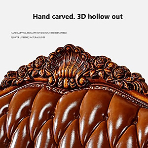 DEKIST European-Style Leather Sofa, Solid Wood Carved High-end American-Style Sofa Villa Living Room Furniture Suitable for Villa Living Room with Pillows Sofa