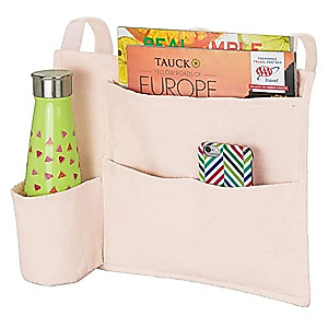 mDesign Cotton Canvas Bedside Hanging Storage Organizer Caddy for Dorm, Bedroom Bed Frame - 4 Pockets, 3 Loops - Holds Phone, Remote Control, Magazines, Bottle Drinks - Crane Collection - Light Pink