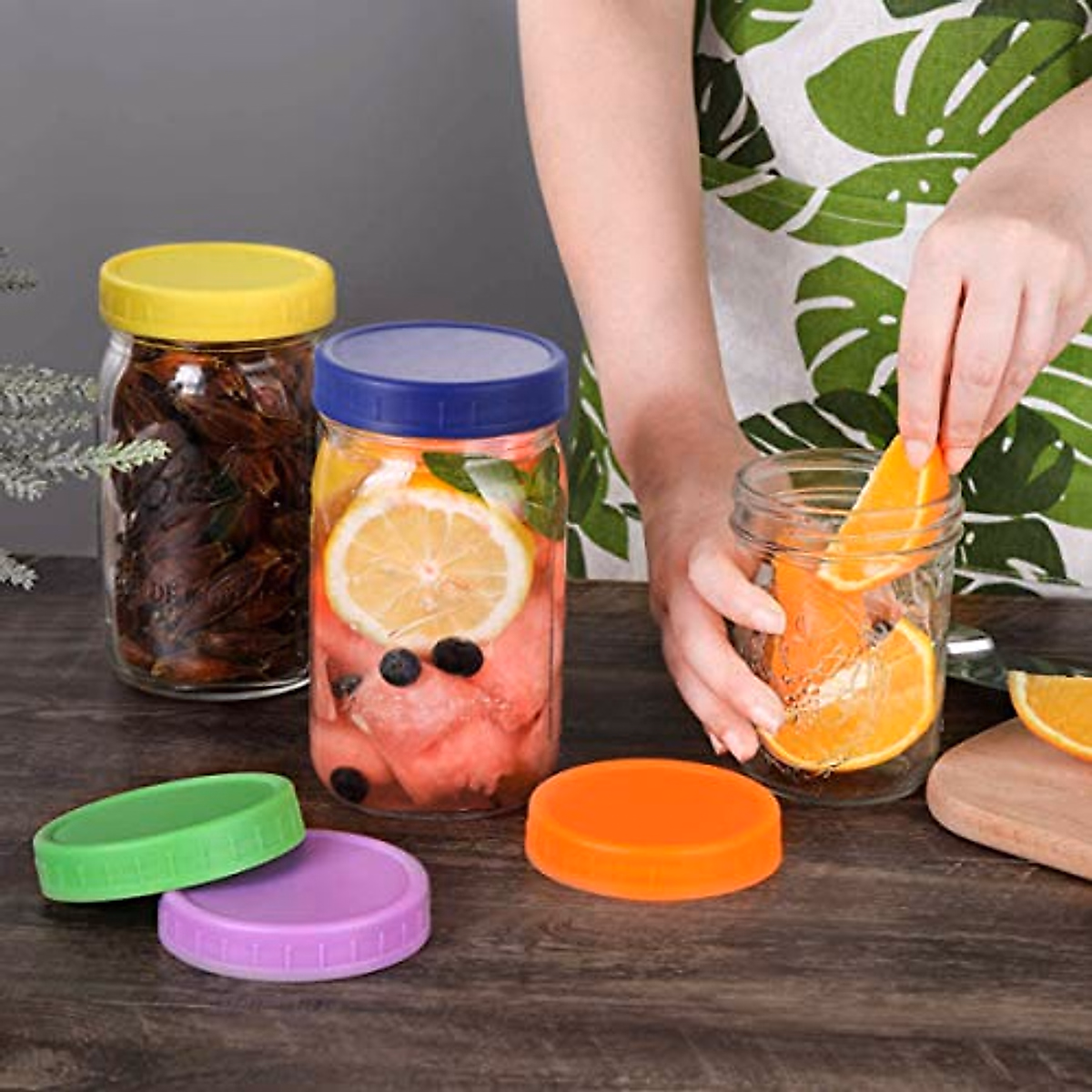24 Pack Canning Lids Regular Mouth - Plastic Mason Jar Lids with Silicone Seals Rings Fits Ball/Kerr Jars, Leak-Proof & Anti-Scratch Resistant Surface, 8 Colors