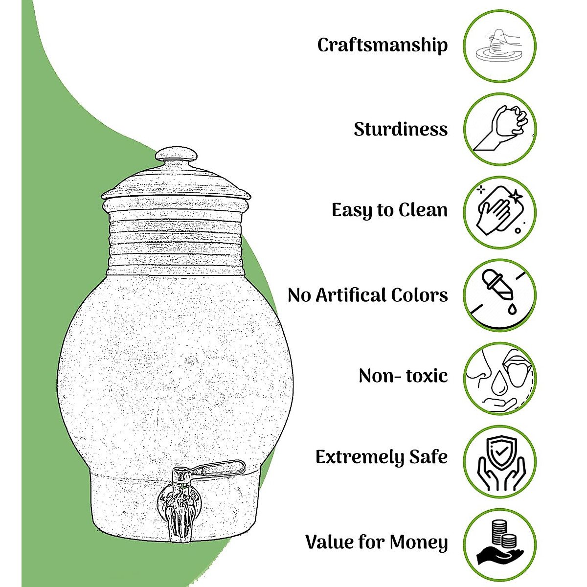 Village Decor HandMade Earthen Clay Water Pot Water Dispenser with Stainless Steel Faucet Spigot | Capacity 135 oz 4000 ml