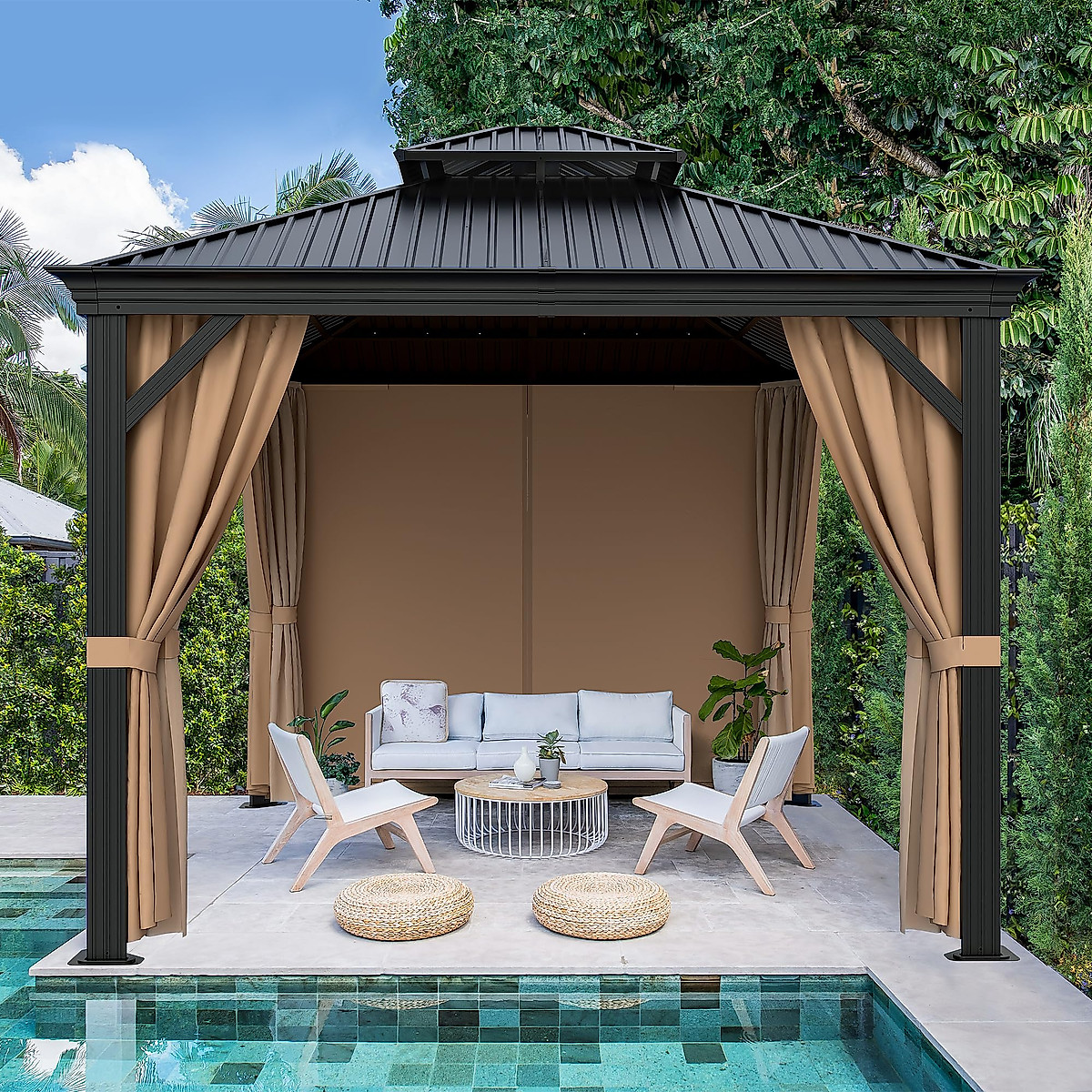 Flamaker Hardtop Gazebo 10' x 12' Aluminum Frame Outdoor Gazebo with Privacy Curtains and Gauze Mesh Sunshade Pavilion Double Roof Canopy for Patio, Lawn, Deck, Poolside