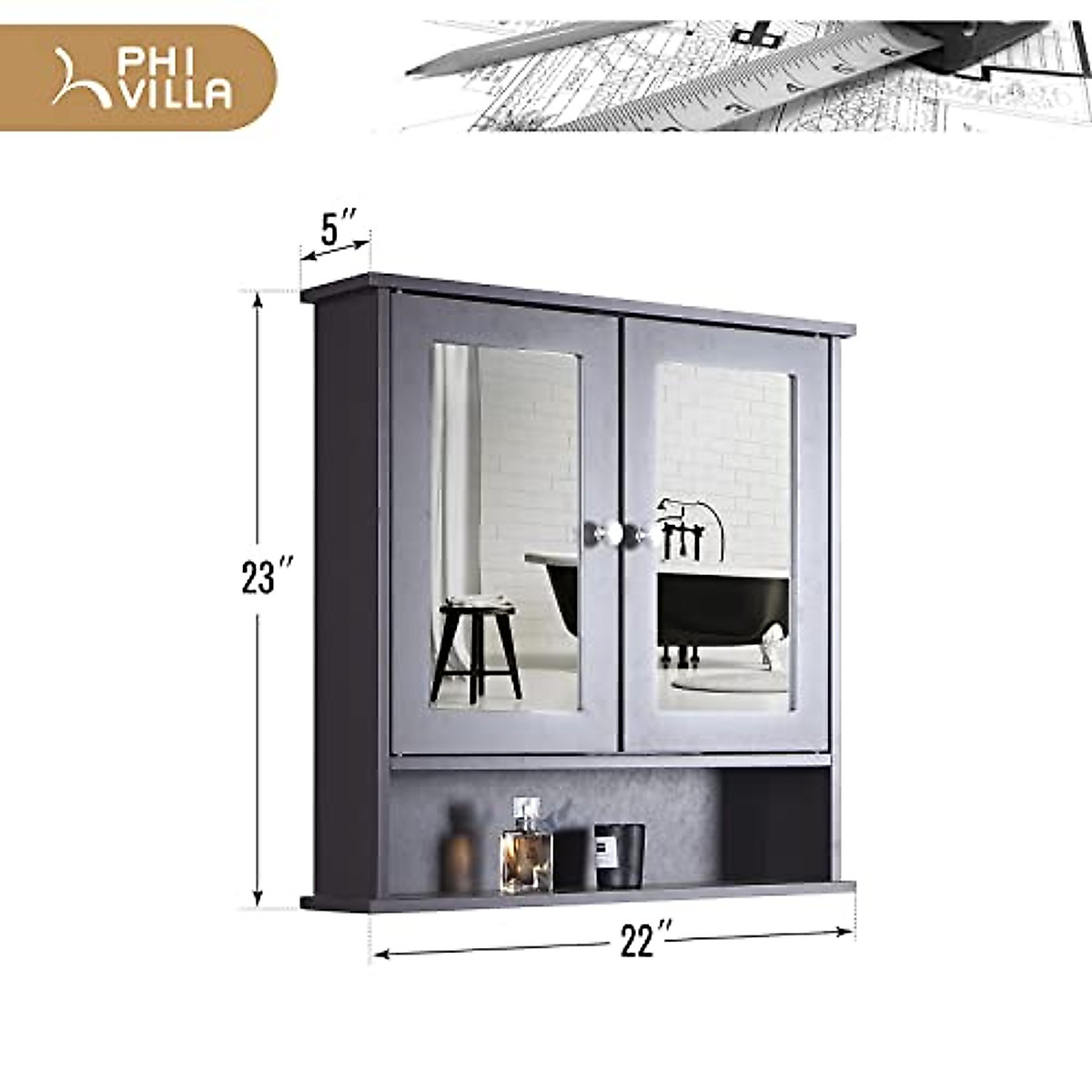 PHI VILLA Bathroom Medicine Cabinet with Mirror Wall Mounted Storage Cabinet with Double Mirrored Doors and Adjustable Shelf for Bathroom Living Room Furniture, Coffee