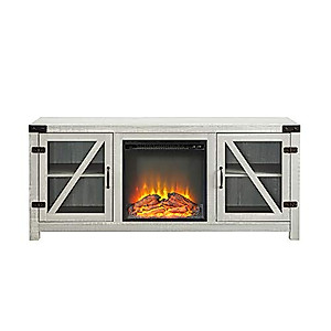 Walker Edison Farmhouse Barn Door Wood and Glass Fireplace TV Stand for TV's up to 64" Flat Screen Living Room Storage Cabinet Doors and Shelves Entertainment Center, 58 Inch, Stone Grey