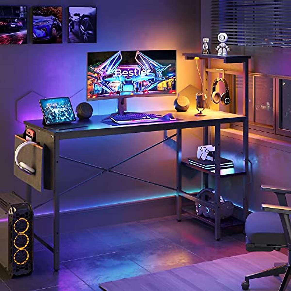 Bestier Gaming Desk with LED Lights, Computer Desk with 4 Tiers Reversible Shelves, 51.3 Inch Home Office Writing Desk with Side Storage Bag, Hooks and Height Adjustable Shelf (Black Grained)