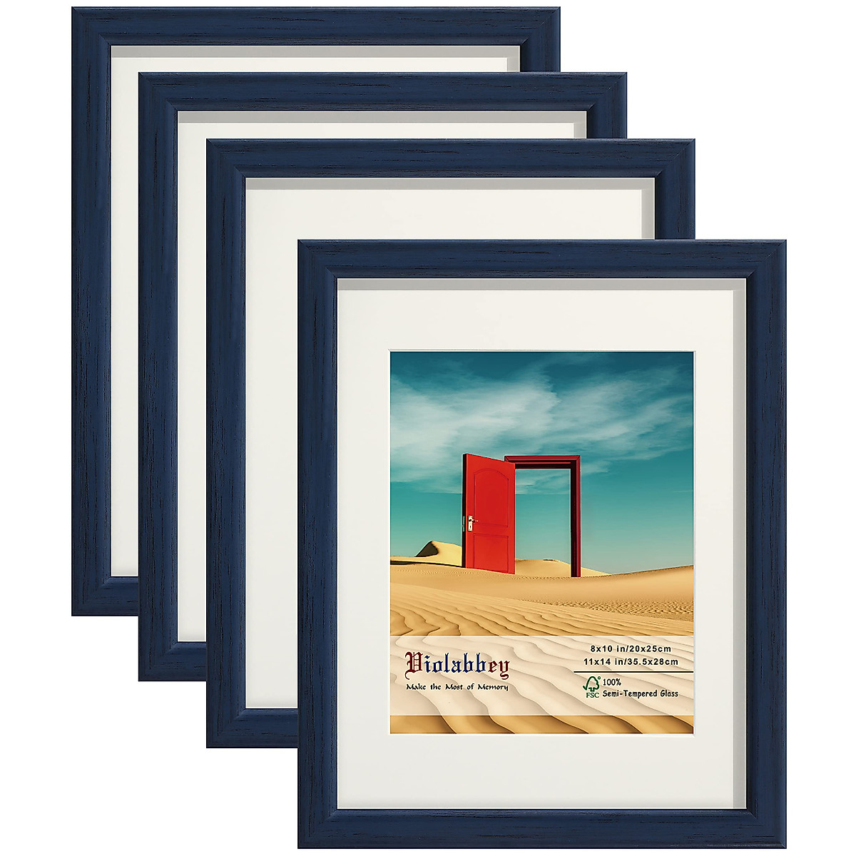 VIOLABBEY 11x14 Picture Frames Set of 4, Fits 8x10 Photo Frame with Ivory Mat or 11x14 Without Mat, Wall or Tabletop Display, Semi Tempered Glass, Blue