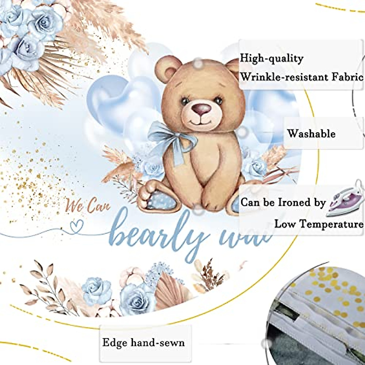 Rsuuinu Boy Bear Baby Shower Backdrop Boho Pampas Blue Flower We can Bearly Wait Photography Background Balloons Bear Baby Shower Backdrops Party Decorations Banner Supplies Photo Booth Props 7x5ft
