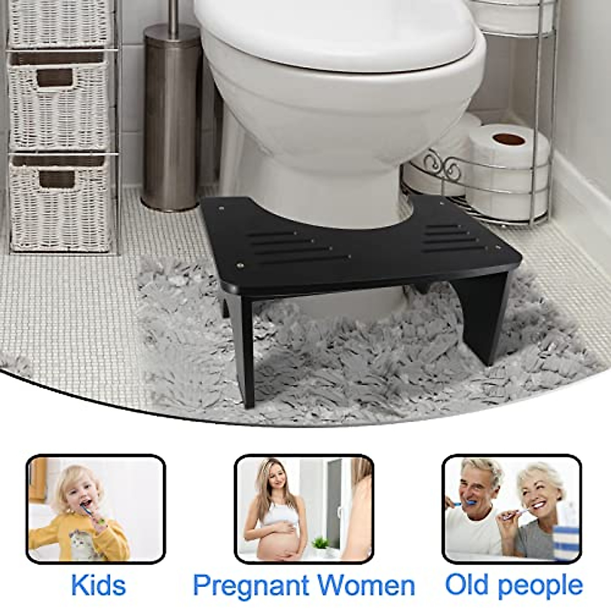 Bamboo Toilet Potty Stool for Adults, 7" Squatting Toilet Poop Stool, Bathroom Toilet Stool with Non-Slip Mat, Halloween Original Simple Design Toilet Step Stool Healthy Gifts for Kids Seniors. Black