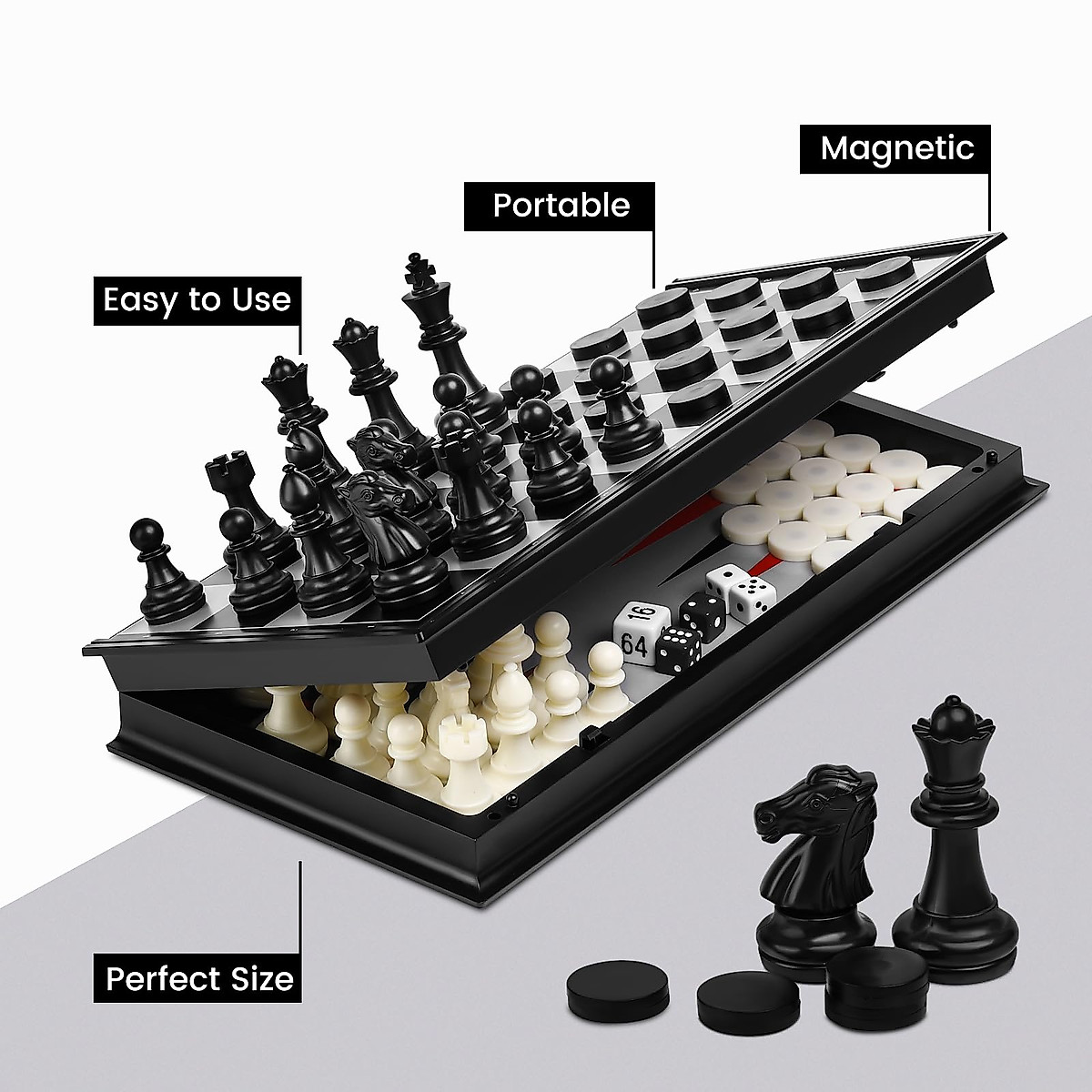 Joneytech Magnetic Chess Set for Kids and Adults, 13 inch 3 in 1 Chess Checkers Backgammon Travel Portable Folding Sets, Gift Children Chess Board Game with Extra Queen