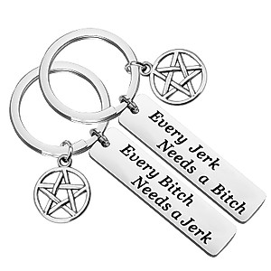 LQRI SPN Jewelry Bitch Jerk Keychain Every Jerk Needs a Bitch Best Friend Keychain TV Show Theme Gifts (silver)