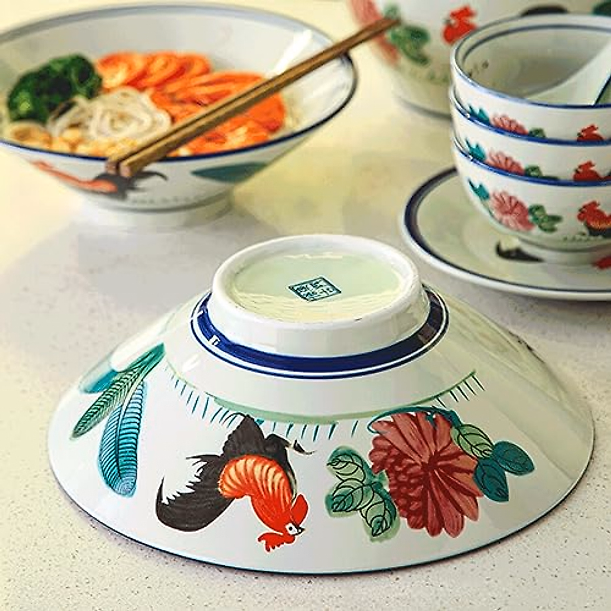 Kichvoe 7Inch Japanese Porcelain Bowl Ceramic Ramen Bowl Retro Rooster Pattern Serving Bowl For Salad Soup Rice