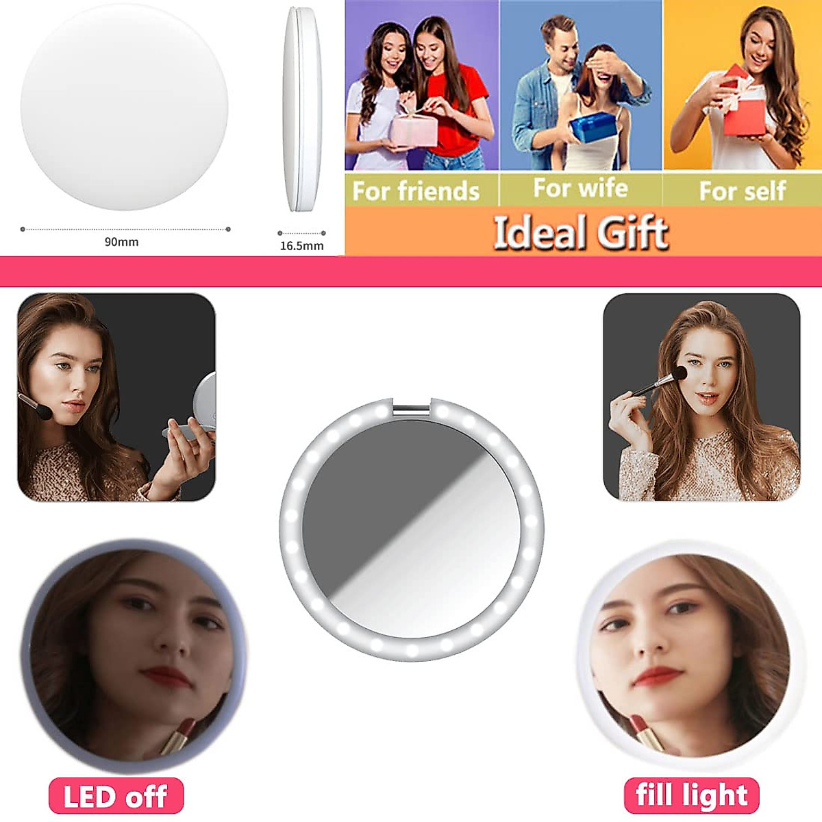 CigyYogy Small LED Compact Makeup Mirror Round Handheld Foldable - Magnifying Lighted Pocket Mirrors Double Sided with 1x/2x Magnification - Ideal Gift for Women Girls -White - 1 Pack