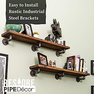 Industrial Pipe Wooden Shelves Restore by Pipe DÉCOR Premium Douglas Fir Wood Shelving 36 Inch Length Set of 2 Boards and 6 L Brackets Autumn Brown Finish