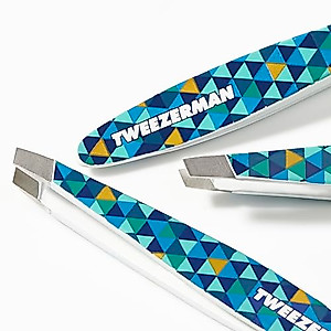 Tweezerman Mini Slant Tweezer - Tweezers for Eyebrows, Travel Tweezers for Eyebrows, Facial Hair, Ingrown Hair (Geometric Pattern)