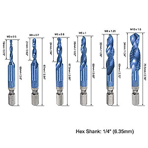 uxcell Combination Drill and Tap Bit Set M3 M4 M5 M6 M8 M10 with 1/4" Hex Shank Bluing High Speed Steel Countersink Bit Spiral Flute Tapping Tool 6pcs