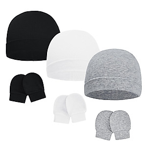 American Trends Baby Beanies for Boys Girls Newborn Infant Hat with Mittens Cute Cotton Hospital Hats for 0-6 Months 3 Pack Black & White & Gray