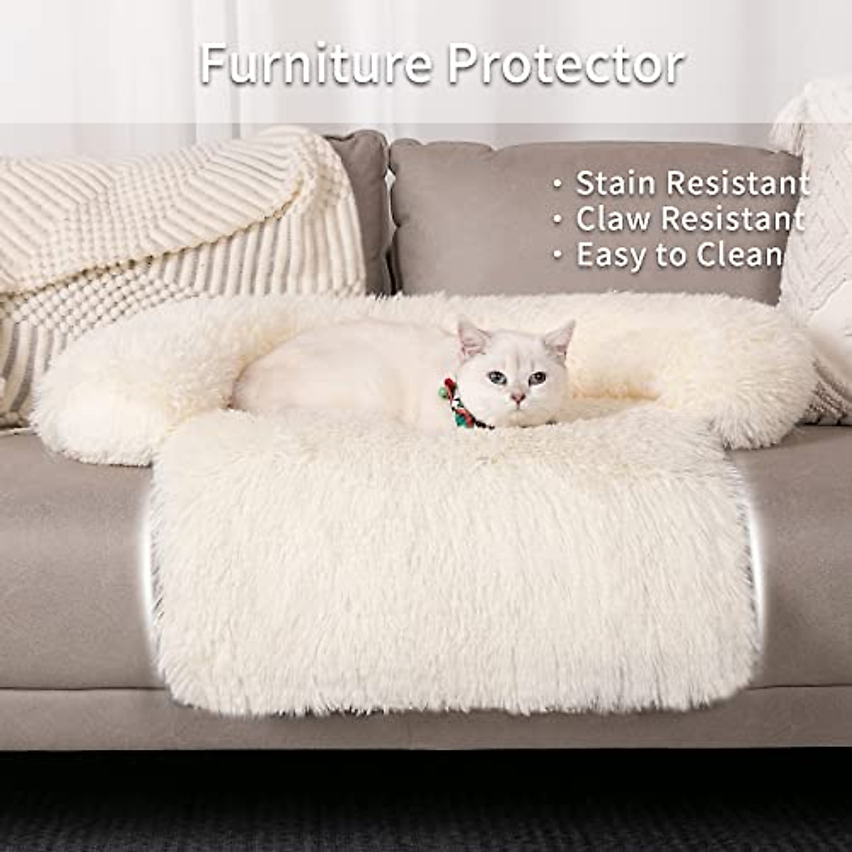WELLYELO Small Calming Dog Bed Sofa Couch for Small Dogs and Cats - Fluffy Plush Mats for Furniture Protector With Washable Cover (30x26x5, White)