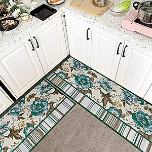 yazi Fabric Kitchen Mat Area Rug Green Striped Flower Non-Slip Rubber Backing Floomat,47x18 Inches
