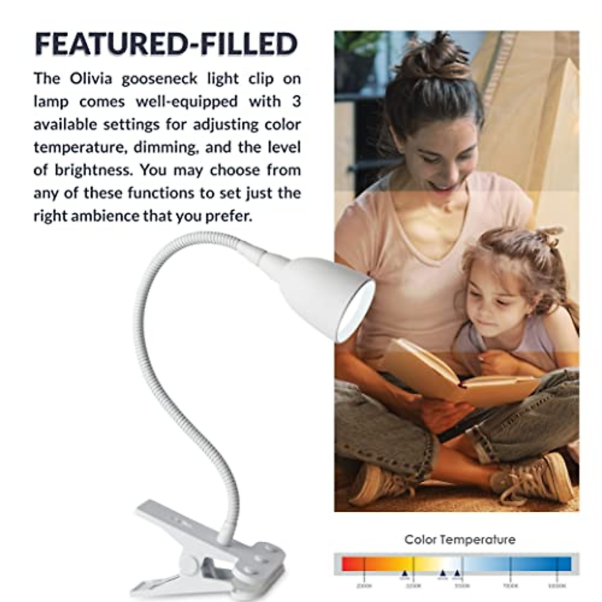 Newhouse Lighting NHCLP-OL-WH Olivia LED Clamp Light Desk Lamp with Flexible Gooseneck, 3 Brightness Levels & 3 Color Modes, White