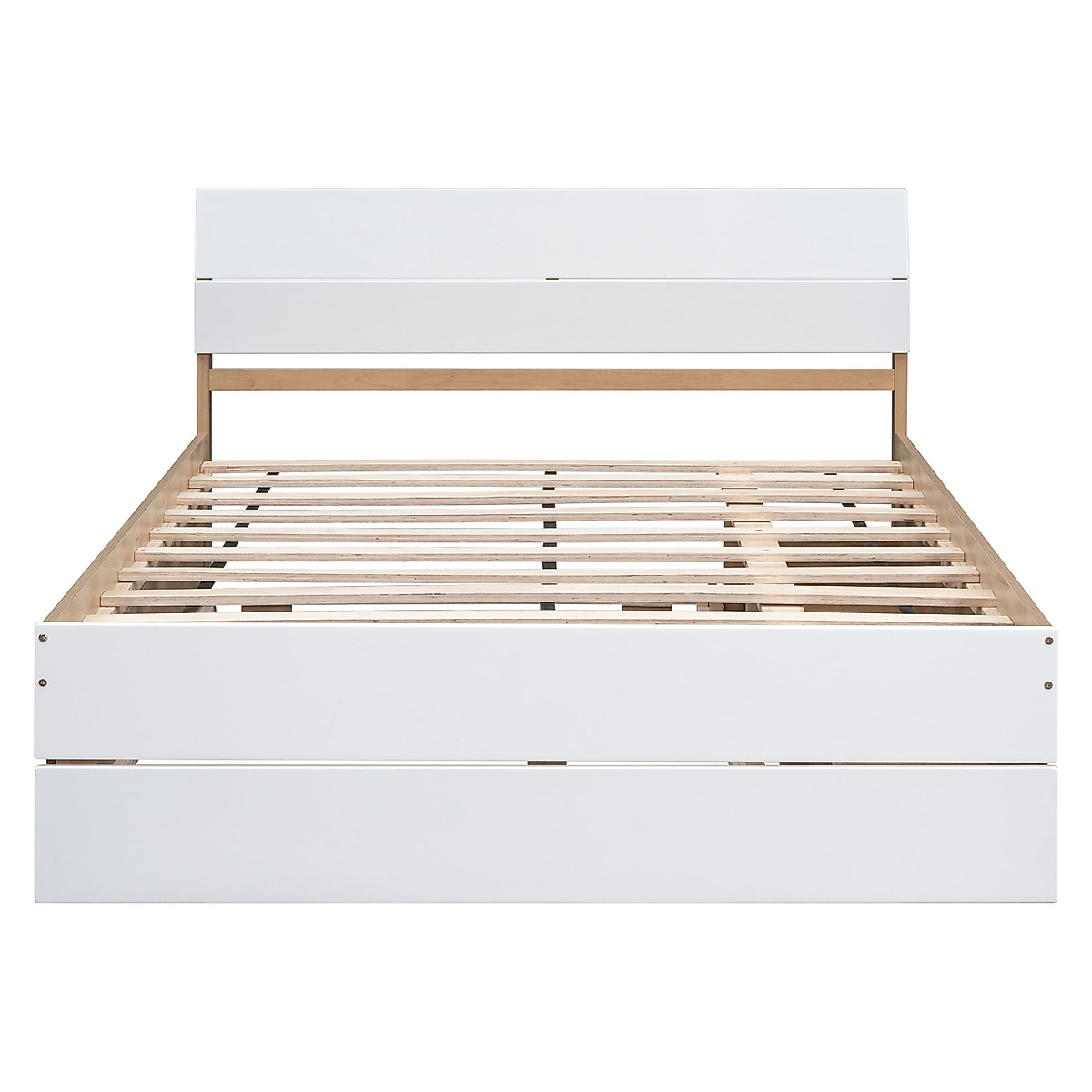 YOPTO Full Size Modern Bed Frame with Twin Size Trundle and 2 Drawers,Wooden Platform Bed W/High Gloss Craft Headboard and Footboard,Easy Assembly,for Bedroom,Apartment,White & Light Oak