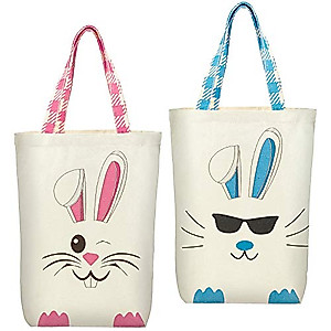 Weewooday 2 Pieces Easter Bunny Bags Large Easter Canvas Tote Bags Bunny Ears Basket Bags Spring Egg Hunts Bags for Easter Kids Eggs Candy Hunting Carrying Daily Usage (Blue, Pink)
