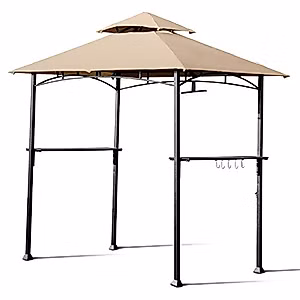 Tangkula 8' x 5' Grill Gazebo, Outdoor Patio Barbecue Gazebo Shelter with LED Lights, 2-Tier Canopy Top Cover Grill Gazebo with Sturdy Steel Frame, Ideal for Gatherings, Parties (Khaki)