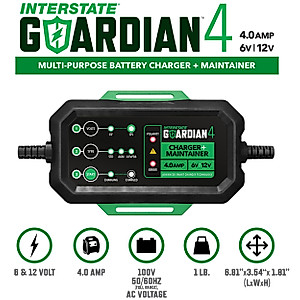 Interstate Batteries 12V, 6V Battery Charger & Maintainer (12V and 6V, 4.0A) Portable, Automatic, Trickle Charging for LiFePO4, Deep-Cycle, Automotive, AGM, Powersports, Boats (CHGIB40)