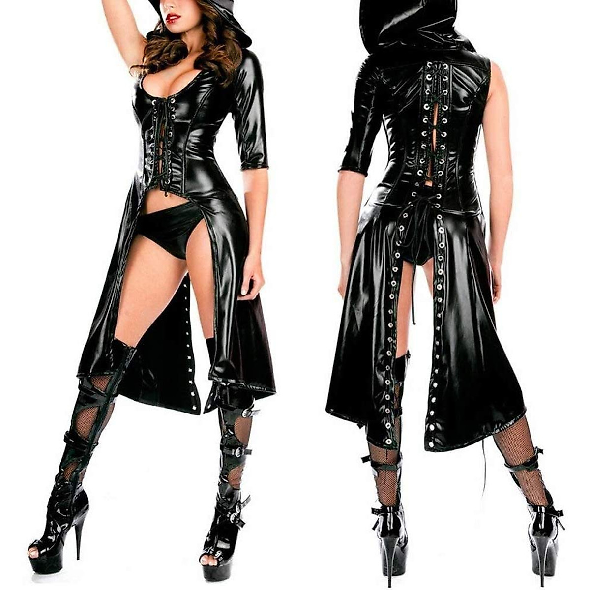 Women Faux Leather Cape Cloak Bandage Leather Lingerie Cosplay Halloween Costume Punk Gothic Dress Lace Up Catsuit Hooded Cape Sexy Shiny Latex Dress