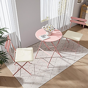 LUMISOL 3 Piece Folding Patio Bistro Set, Premium Steel Patio Furniture Sets, Foldable Patio Table and Chairs Set with Removable Cushions for Patio, Backyard, Balcony, Poolside, Pink
