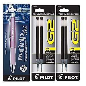 Pilot Dr. Grip Limited Retractable Rolling Ball Gel Pen, Fine Point, Metallic Mauve Barrel, Black Ink with 4 Black Ink Refill