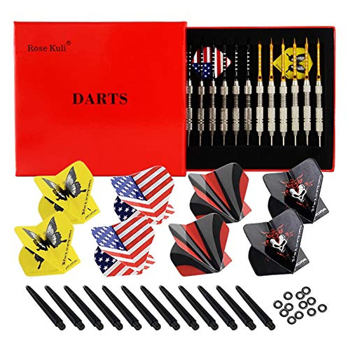 Rose Kuli Steel Tip Darts Steel Tip Set Professional Darts, 22 Grams Metal Tipped Darts with Aluminum Shafts and Brass Barrels, Extra Dart Flights, Dart Case