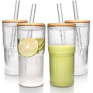 ANOTION Glass Cups with Lids and Straws - 22oz Coffee Cups Gifts for Women Drinking Glasses Iced Smoothie Cup Glass Tumbler Water Glasses Ribbed Glassware Clear Cups Travel Coffee Mug Glasses Set