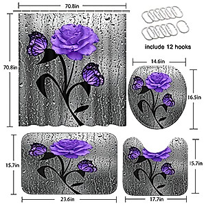 ArtSocket 4 Pcs Shower Curtain Set Purple Rose Floral Flowers Abstract Colorful with Non-Slip Rugs Toilet Lid Cover and Bath Mat Bathroom Decor Set 72" x 72"