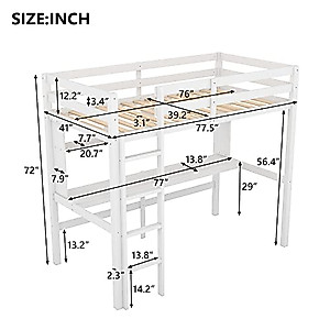 DEYOBED Twin Size Wooden Loft Bed Frame with Desk, Shelves for Kids Teens Adults
