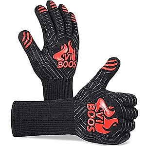 BBQ Grill Gloves, 1472℉ Extreme Heat Resistant Grilling Gloves for Cooking,Baking and for Smoker, Silicone Insulated Cooking Oven Mitts, 13 Inch Long Non-Slip Potholder Gloves,1 Pair (Black & Red)