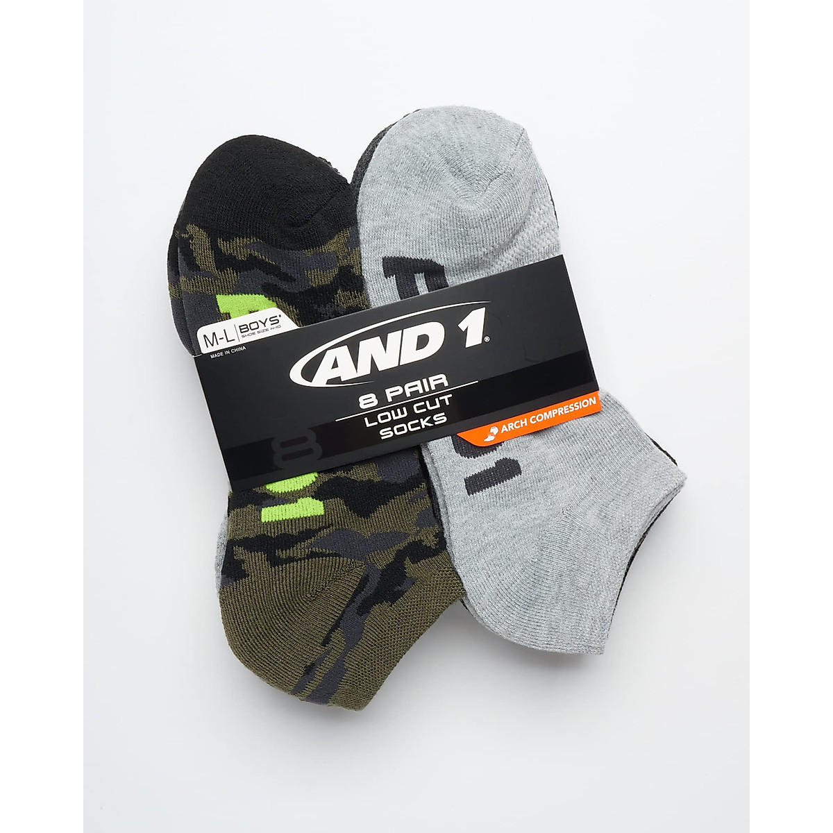 AND1 Boys' Socks - Athletic Cushion Low Cut Socks (8 Pack), Size Small-Medium, Green Camo