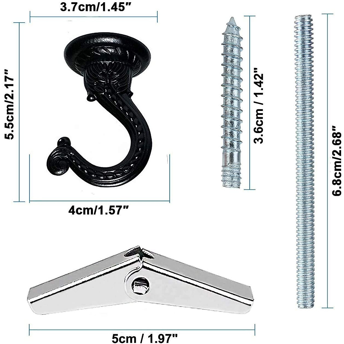 GDQLCNXB 2 Sets 55mm/2.17" Ceiling Metal Ceiling Hooks, Heavy Duty Swag Ceiling Hooks with Hardware for Hanging Plants/Chandeliers/Wind Chimes/Ornament (Black Color)