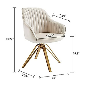 Volans Mid Century Modern Desk Chair No Wheels, Upholstered Swivel Accent Chair with Hollow Brushed Gold Plated Legs Office Chair for Home Office Bedroom, Beige Off White