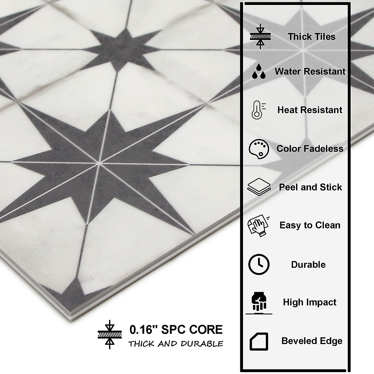 Peel and Stick Floor and Wall Tile for Bathroom Kitchen SPC Vinyl Self Adhesive Flooring Tile 9x9In Black Star Encaustic Patterned Groutble Backsplash Tile 16 Tiles, 9.12 Sq Ft.