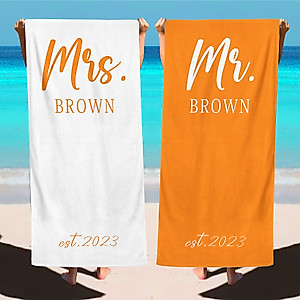 Custom Mr & Mrs Beach Towel, His & Hers Towels, Bride Honeymoon Travel, Personalized Bride Groom Beach Towel, Gift for Couples, Beach Bachelorette, Honeymoon Gifts, Just Married Gifts