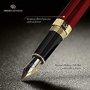 Dryden Designs Fountain Pen - Medium and Fine Nibs | Includes 24 Ink Cartridges and Ink Refill Converter | Calligraphy Pen, Consistent Writing, Smooth Look - Royal Red