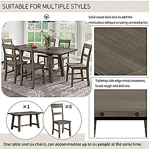 Merax 7-Piece Retro Industrial Style Extendable Dining Table Set with 18” Leaf and Six Wooden Chairs, Gray+Brown