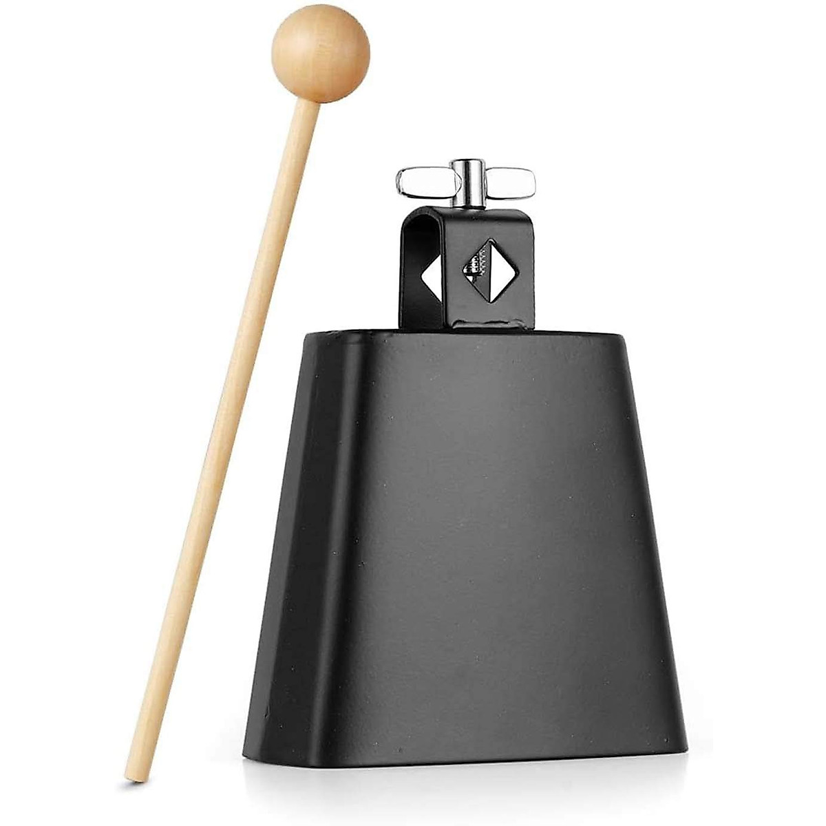 (Black) 4 Inch Metal Steel Cow Bell Noise Maker, percussion instrument with handle stick, for drum set kit percussion