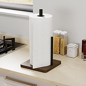 Black Paper Towel Holder Stand with Exquisite Wood Square Base, Niffgaff Free-Standing Paper Towel Roll Dispenser for Kitchen Countertop, Fits Standard and Jumbo Size Rolls