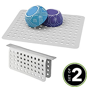 mDesign Kitchen Sink Protector Mat Pad Set, Quick Draining - Use In Sinks to Protect Surfaces and Dishes - 2 Piece Combo Set includes 1 Sink Saddle and 1 Sink Mat - Gray