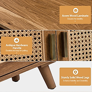 HULALA HOME Accent Storage Cabinet with 3 Natural Rattan Doors & Wood Legs, 2-Tier Shelf Sideboard Buffet Cabinet, Cupboard Console Table for Living Room, Entryway, Dining Room, Hallway (Walnut)