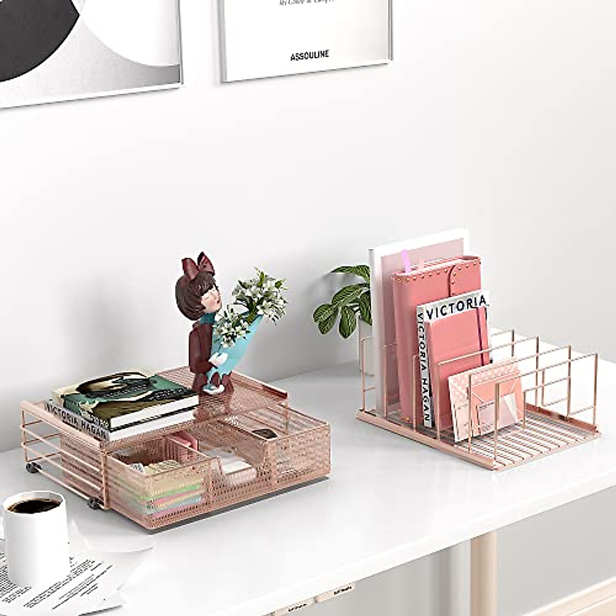 Cisily Desk Organizers and Accessories, 5 Vertical File Holders Home Office Supplies, Desktop Organization with Drawer and Pen Holders, Rose Gold