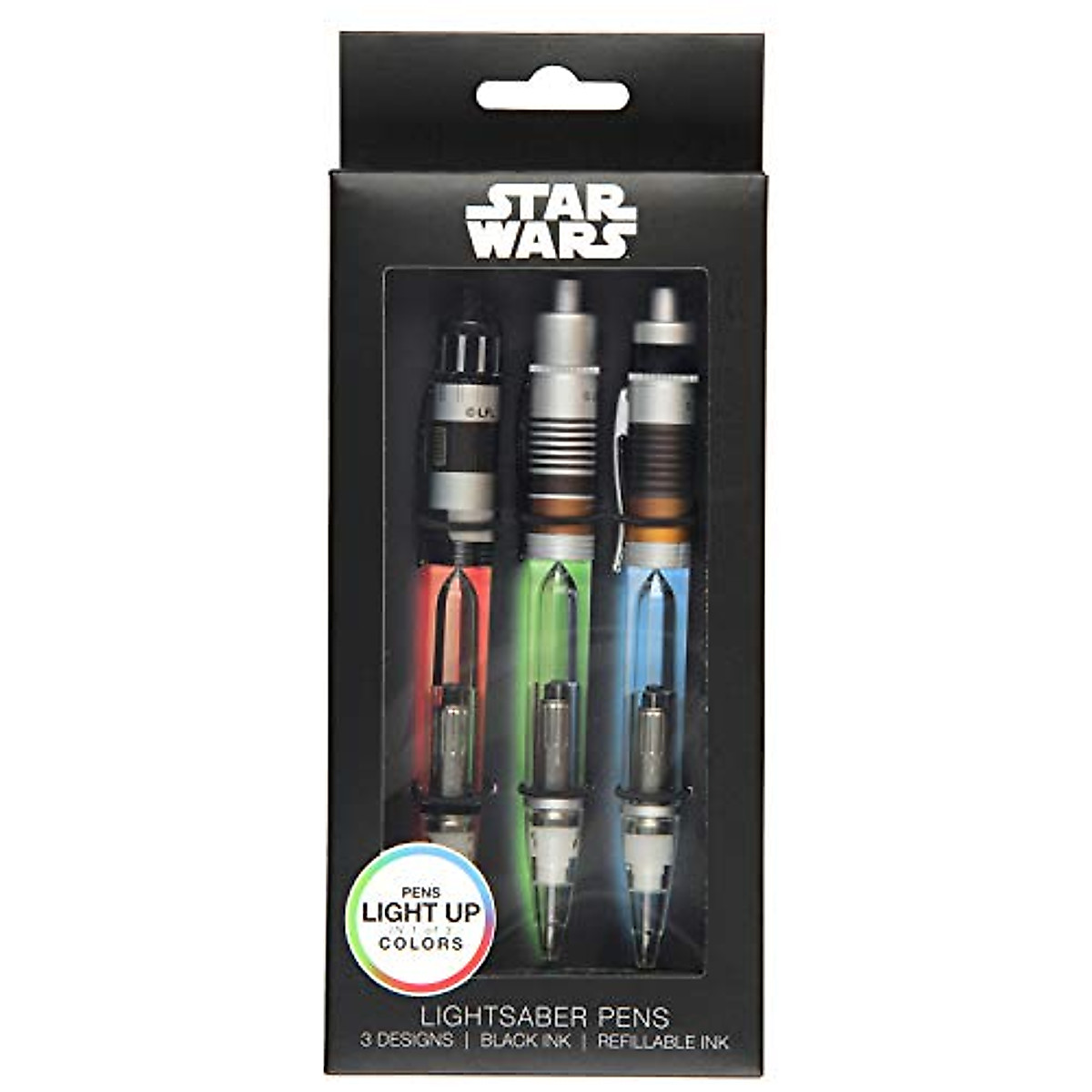 Bioworld Star Wars Light-Up Lightsaber Refillable Ink Pens 3 PC Set - Darth Vader, Skywalker, and Obi-Wan