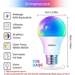 Linkind Smart Light Bulbs with Remote Control, Smart Bulb That Work with Alexa & Google Home, 16 Million Color Changing Light Bulbs 60W, A19 E26 2.4Ghz WiFi Light Dimmable,1800K-6500K,800lm 4 Pack